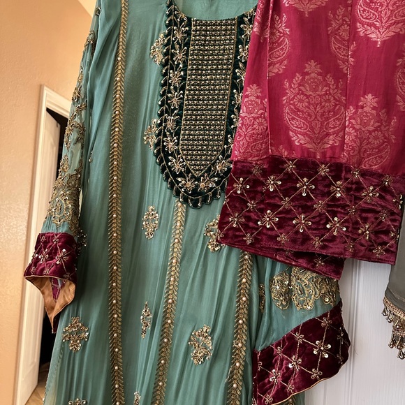 Maria B | Tops | Maria B Green And Maroon Embroidered Dress | Poshmark
